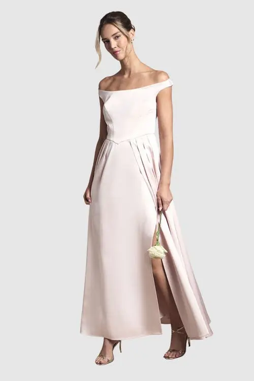 Coast Off-shoulder Maxi Dress With Feather Trim - Blush