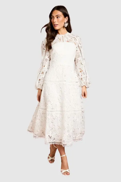 Coast Lace Panel Long Sleeve Midi Dress - Ivory