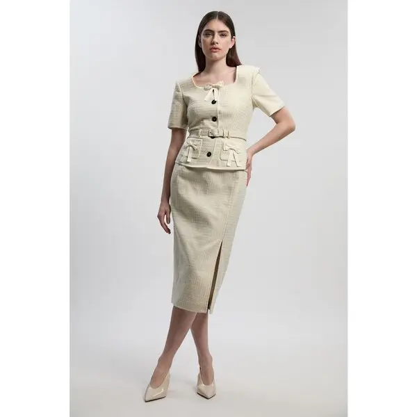 Karen Millen Tweed Bow Midi Dress - Ivory