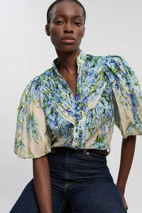 Karen Millen Floral Puff Sleeve Blouse - Blue