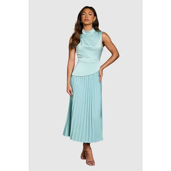 Coast High Neck Pleated Midi Dress - Duck Egg Blue
