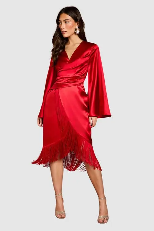 Coast Satin Fringed V-neck Wrap Midi Dress - Red