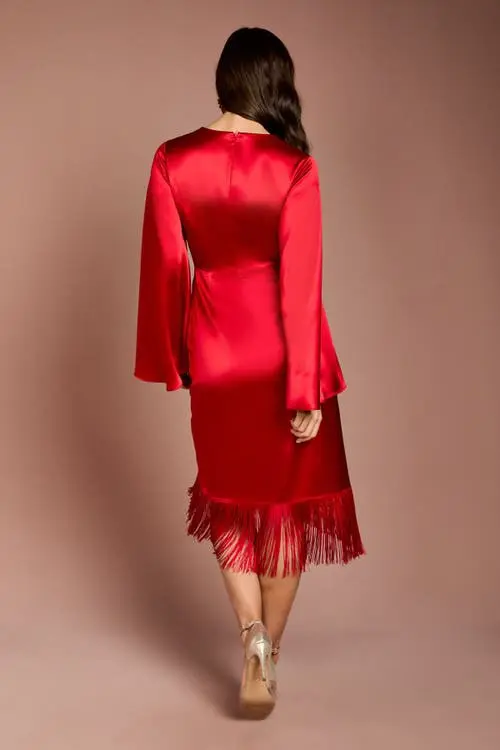 Coast Satin Fringed V-neck Wrap Midi Dress