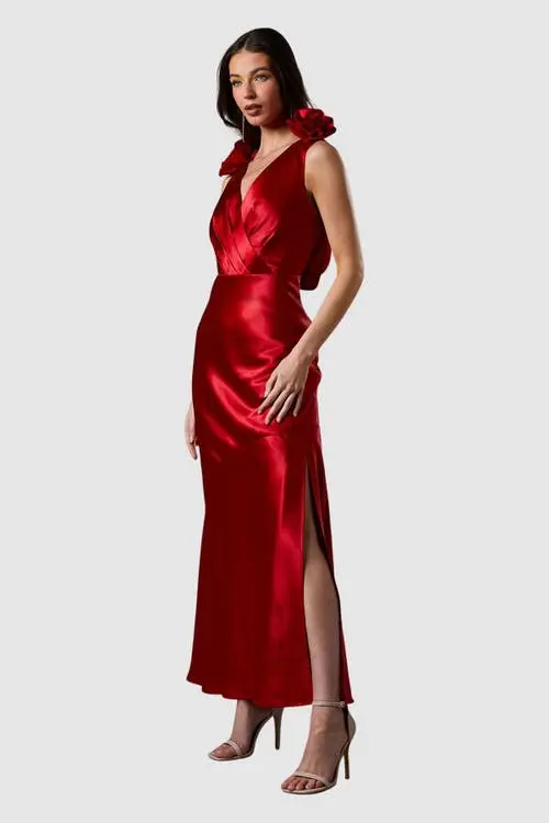 Coast Satin Corsage Detail Maxi Dress - Red