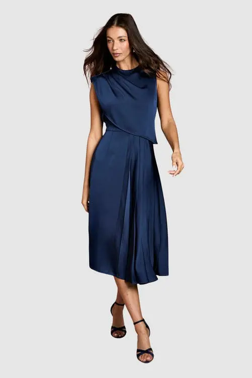 Coast Satin Pleated Midi Dress - Navy