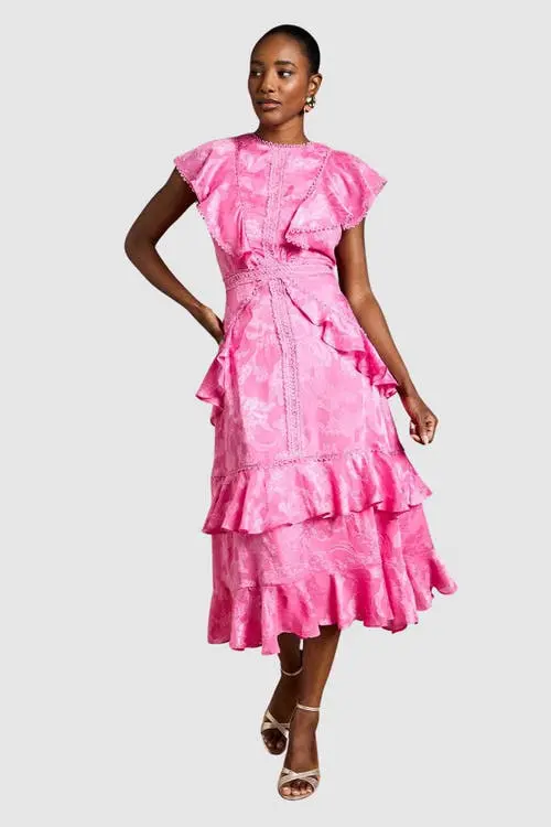 Coast Satin Ruffle Jacquard Midi Dress - Pink