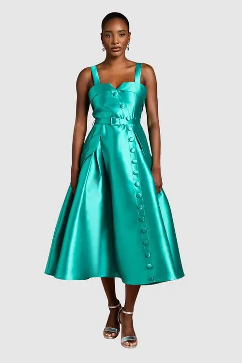 Coast Button-trim Belted Full Skirt Midi Dress - Teal