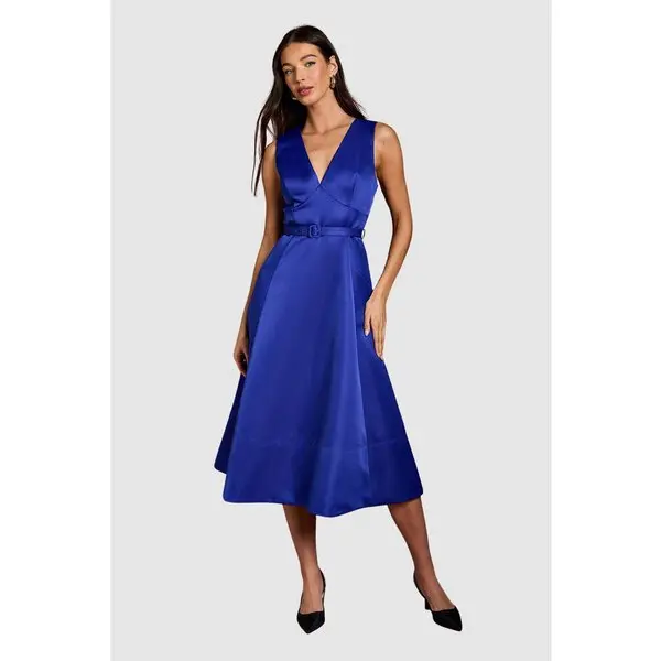 Coast V-neck Satin Midi Dress With Belt - Cobalt