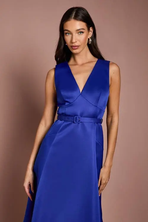Coast V-neck Satin Midi Dress With Belt - Cobalt