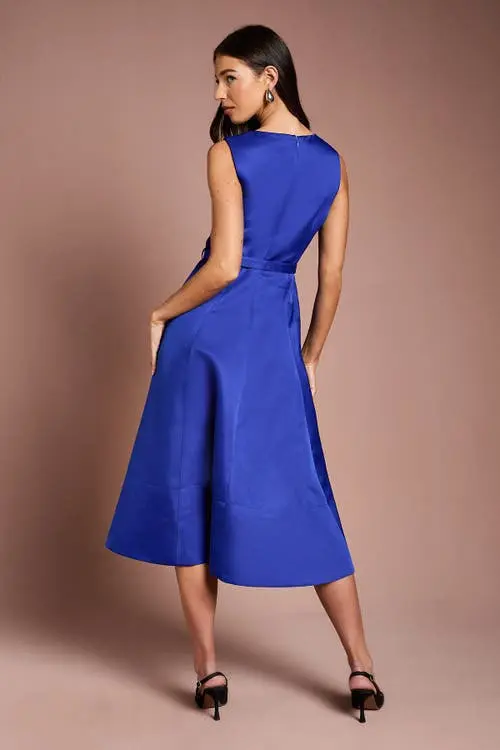 Coast V-neck Satin Midi Dress With Belt - Cobalt