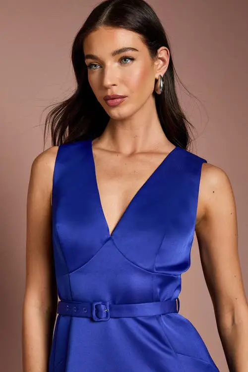 Coast V-neck Satin Midi Dress With Belt - Cobalt