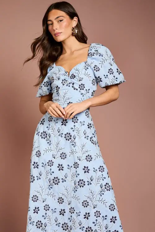 Coast Puff Sleeve Embroidered Midi Dress