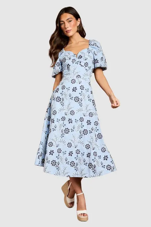 Coast Puff Sleeve Embroidered Midi Dress - Blue