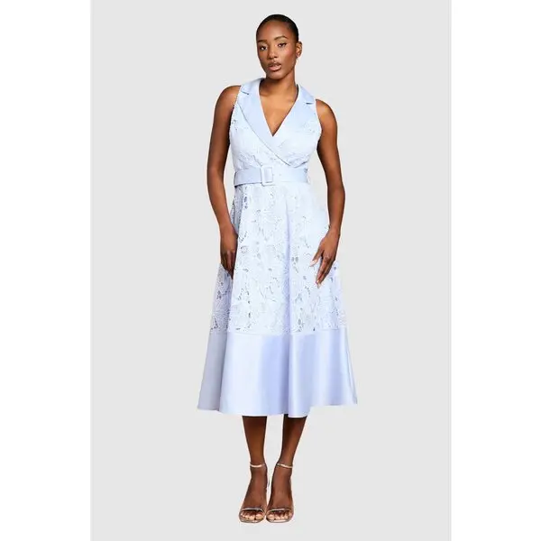 Coast Satin Trim Lace Collared Midi Dress - Cornflower Blue