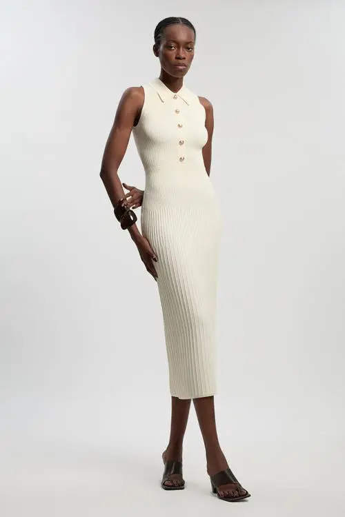 Karen Millen Rib Knit Collared Midi Dress With Button Detailing - Ivory