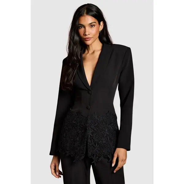 Coast Single Breasted Embroidered Lace Blazer - Black