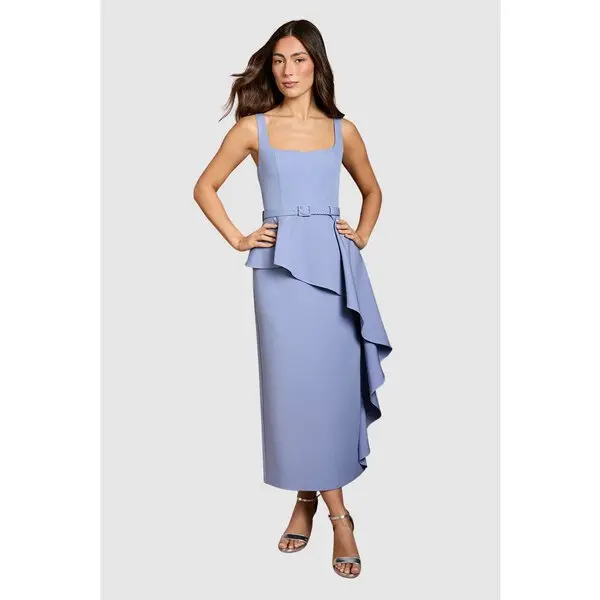 Coast Belted Pencil Dress With Square Neckline And Ruffle Detail - Slate Blue