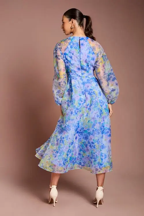 Coast Organza Floral Puff Sleeve Midi Dress