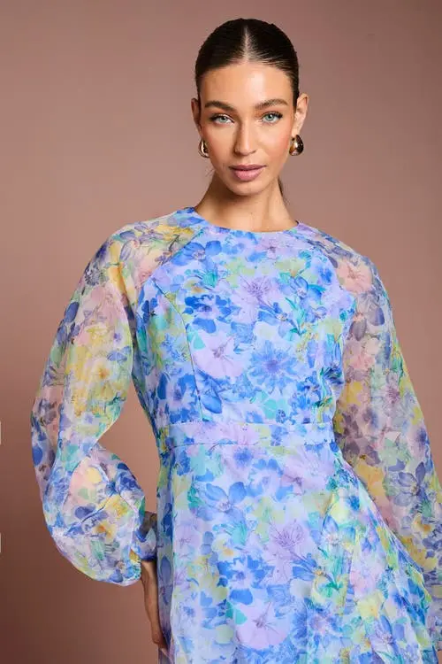 Coast Organza Floral Puff Sleeve Midi Dress