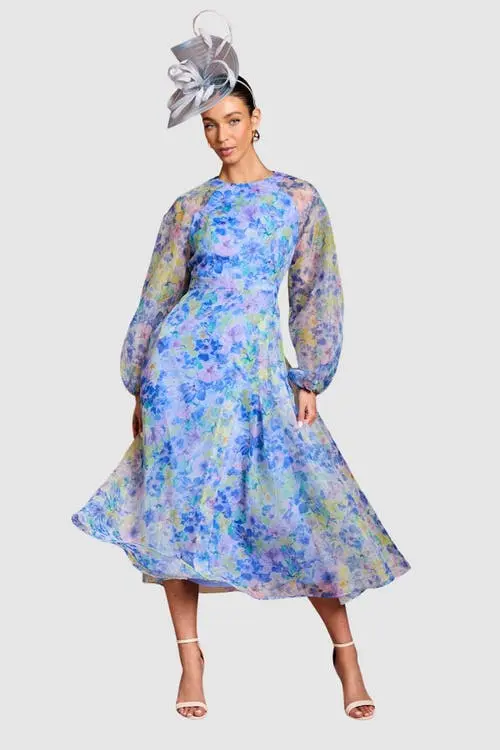 Coast Organza Floral Puff Sleeve Midi Dress - Blue
