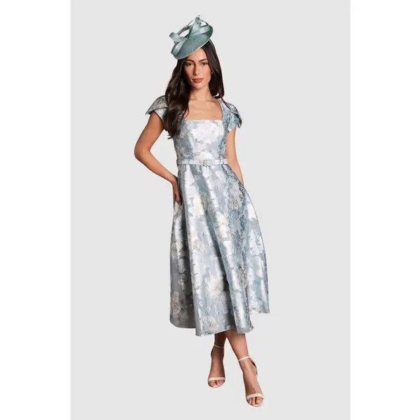 Coast Printed Belted Midi Dress - Pale Blue