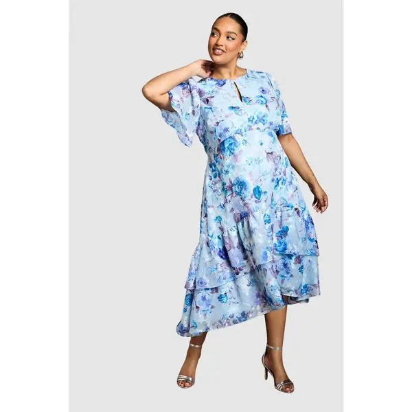 Coast Plus Tiered Midi Dress With Keyhole Neckline - Blue