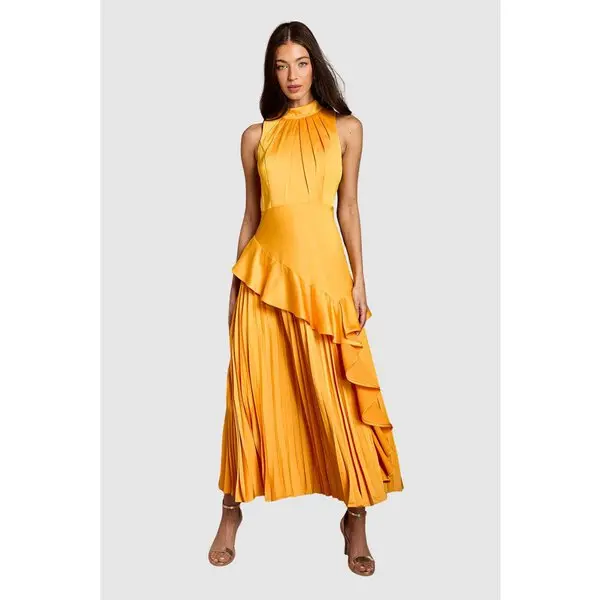 Coast Satin Crepe High-neck Pleated Maxi Dress - Orange