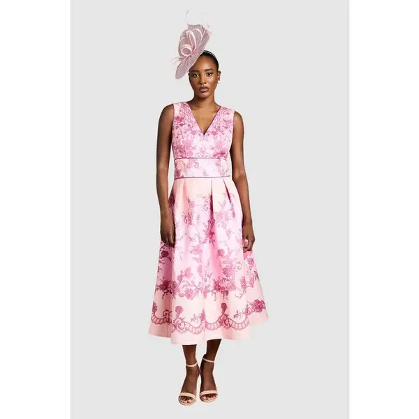 Coast V-neck Floral Print Satin Midi Dress - Coral