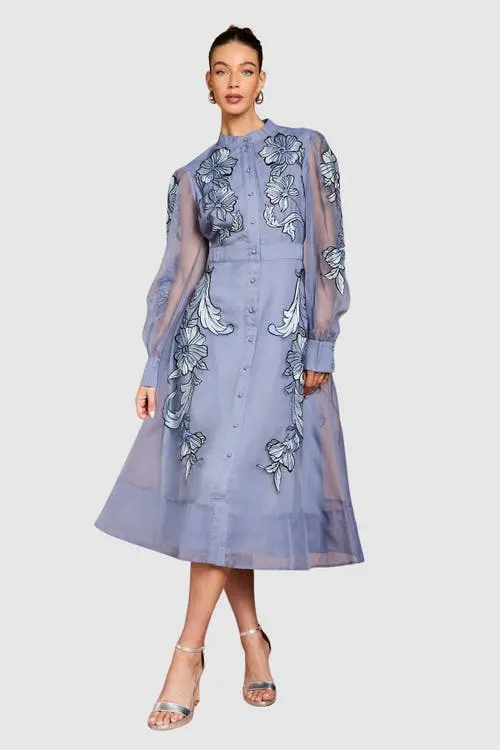 Coast Embroidered Sheer Sleeve Midi Dress - Blue