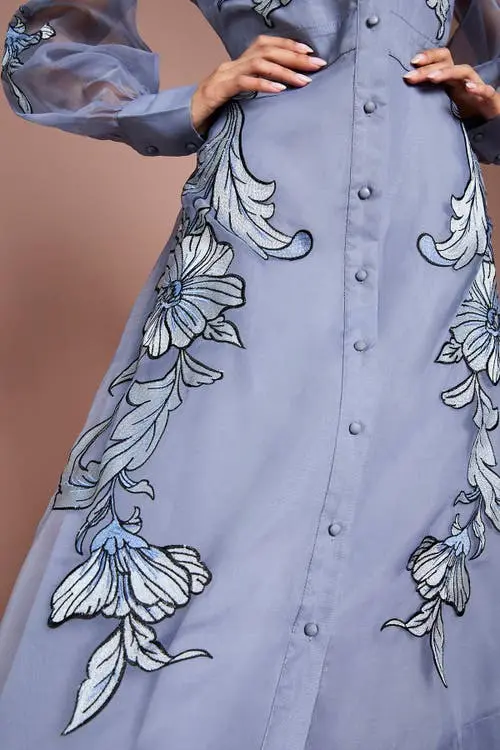 Coast Embroidered Sheer Sleeve Midi Dress - Blue