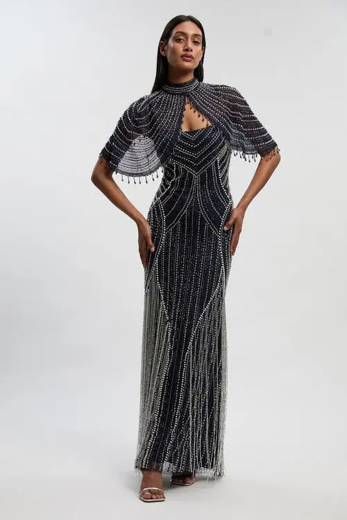 Karen Millen Embellished Crystal Cape Maxi Dress - Navy