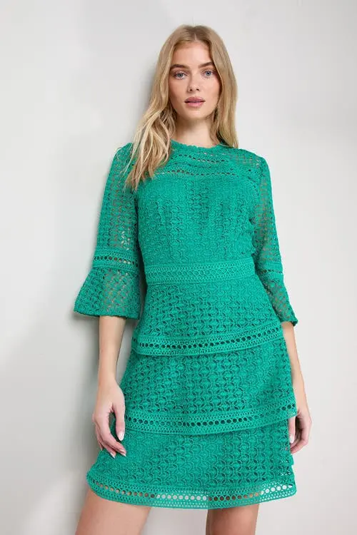 OASIS Lace Trim Tiered Mini Dress With Fluted Sleeves - Green