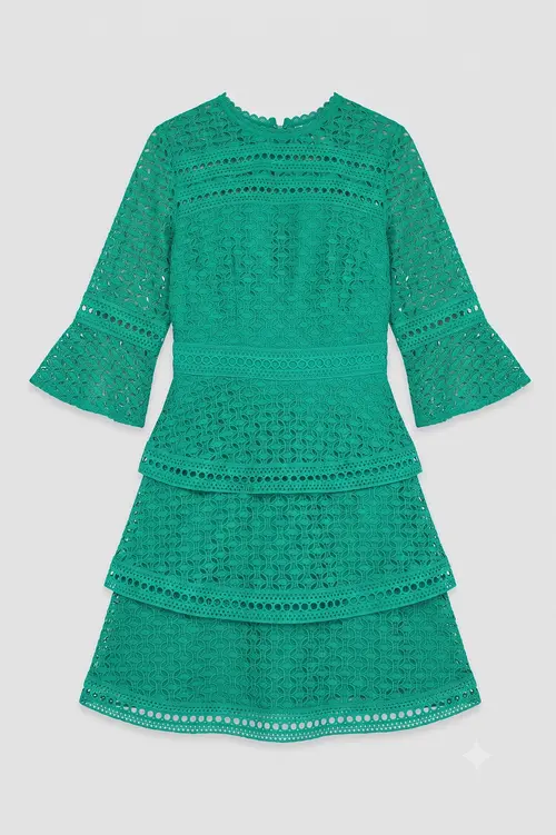 OASIS Lace Trim Tiered Mini Dress With Fluted Sleeves