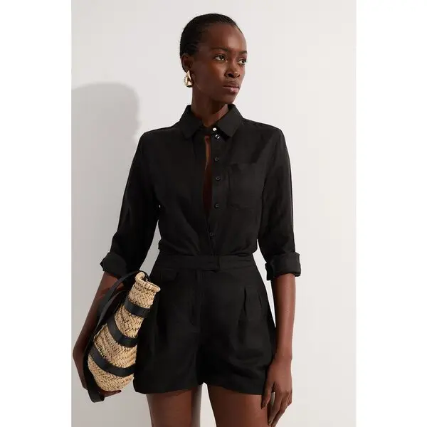 Karen Millen Linen Blend Long Sleeve Shirt - Black