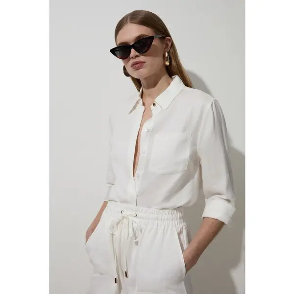 Karen Millen Linen Blend Long Sleeve Shirt - White
