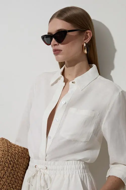 Karen Millen Linen Blend Long Sleeve Shirt - White
