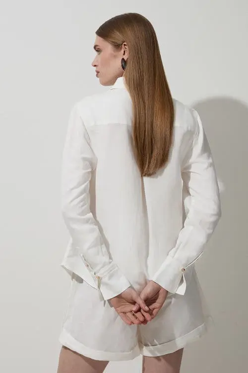 Karen Millen Linen Blend Long Sleeve Shirt - White