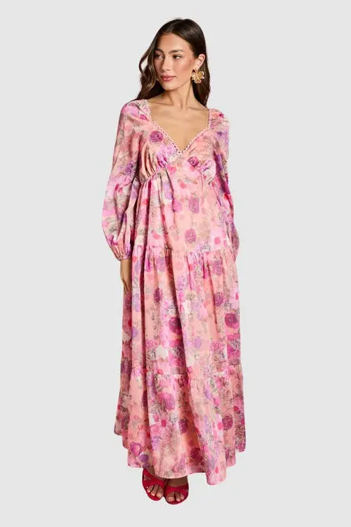 Coast Printed Fit & Flare Maxi Dress With Balloon Sleeves - Pink
