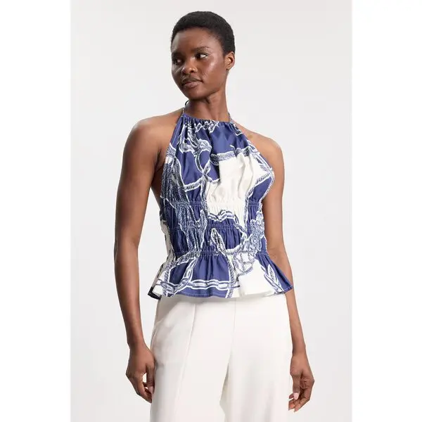Karen Millen Chain Print Halter Neck Peplum Top - Blue