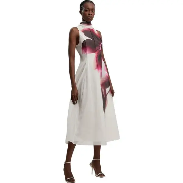 Karen Millen Sleeveless High Neck Floral Midi Dress - Pink