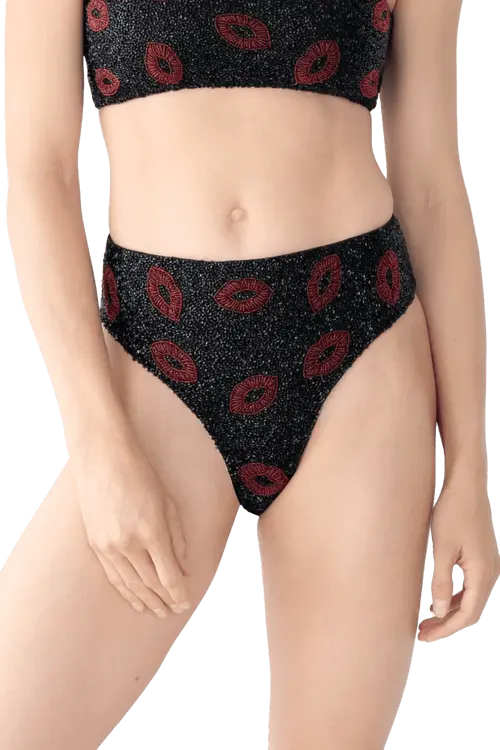 SELF-ADORE Kiss Hand Beaded High Waisted Bikini Bottom - Black