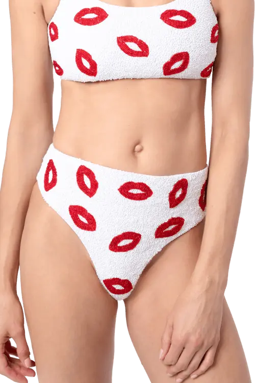 SELF-ADORE Kiss Hand Beaded High Waisted Bikini Bottom - White