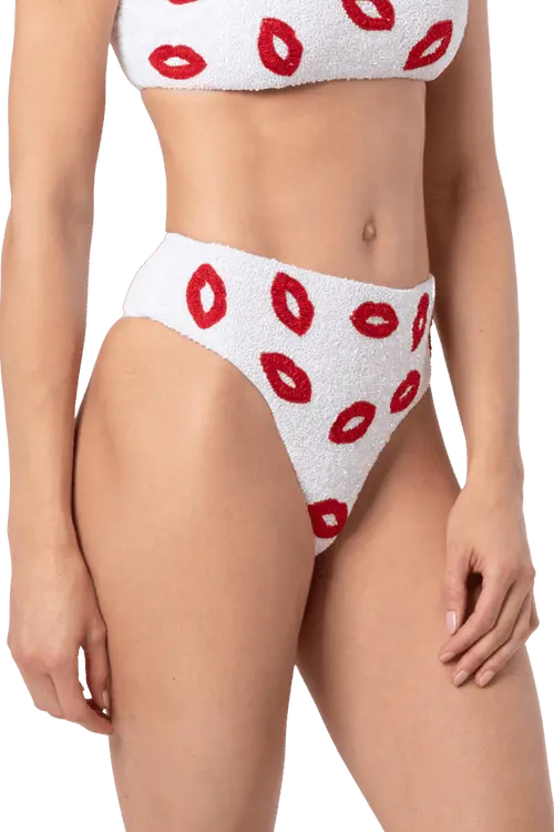 SELF-ADORE Kiss Hand Beaded High Waisted Bikini Bottom - White