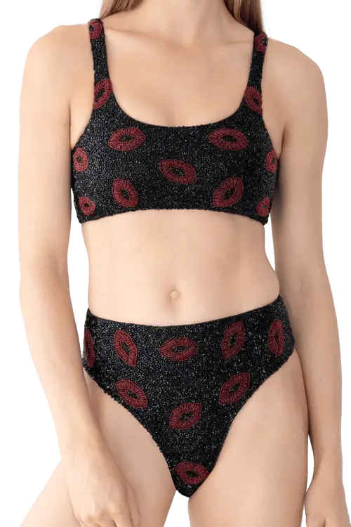 SELF-ADORE Kiss Hand Beaded Bikini Top - Black