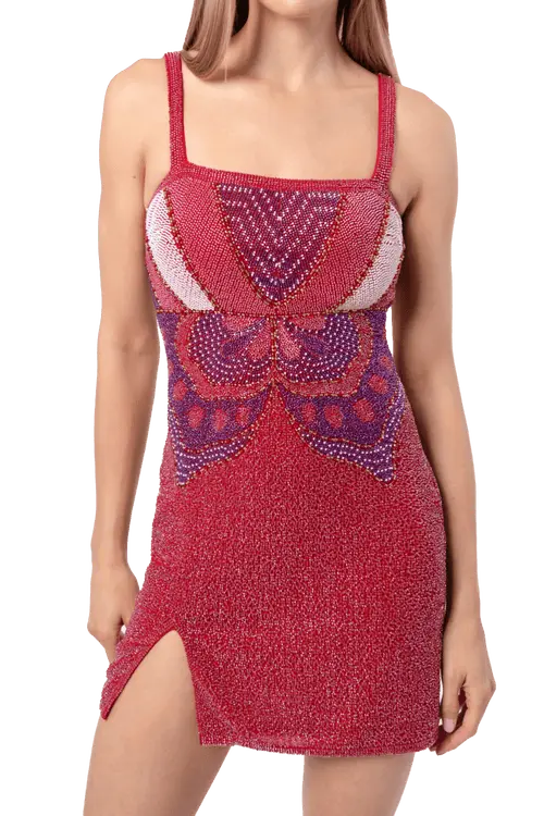 SELF-ADORE Butterfly Hand Beaded Embellished Mini Dress