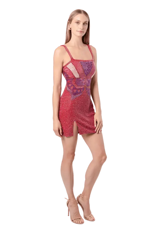 SELF-ADORE Butterfly Hand Beaded Embellished Mini Dress