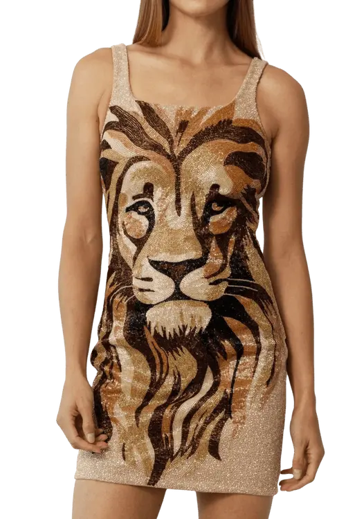 SELF-ADORE Lion Hand Beaded Embellished Mini Dress - Champagne