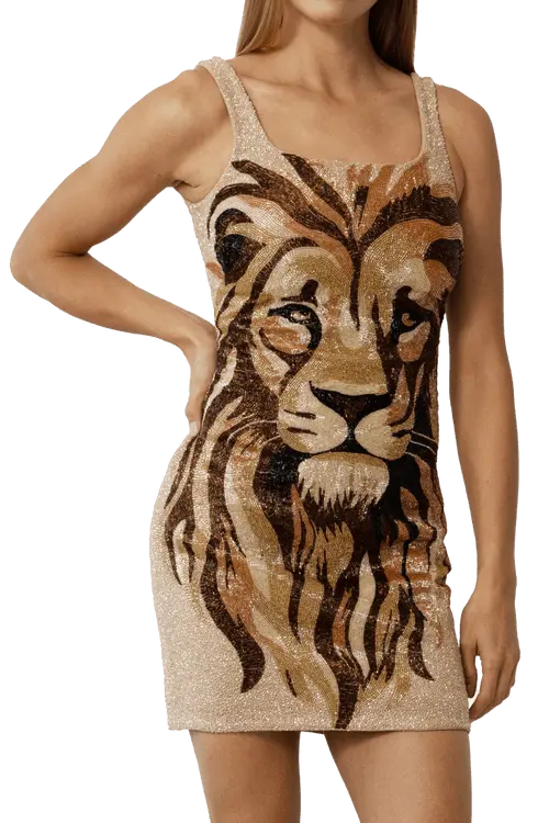 SELF-ADORE Lion Hand Beaded Embellished Mini Dress