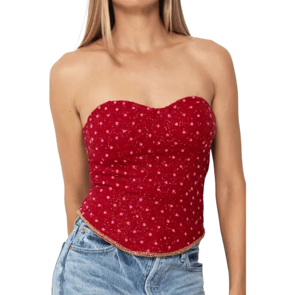 SELF-ADORE Perla Hand Beaded Embellished Corset Top - Red