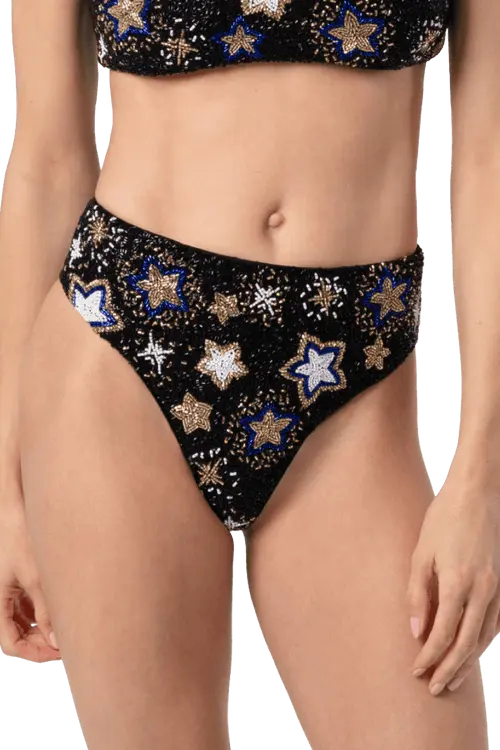 SELF-ADORE Celeste Hand Beaded High Waisted Bikini Bottom - Black